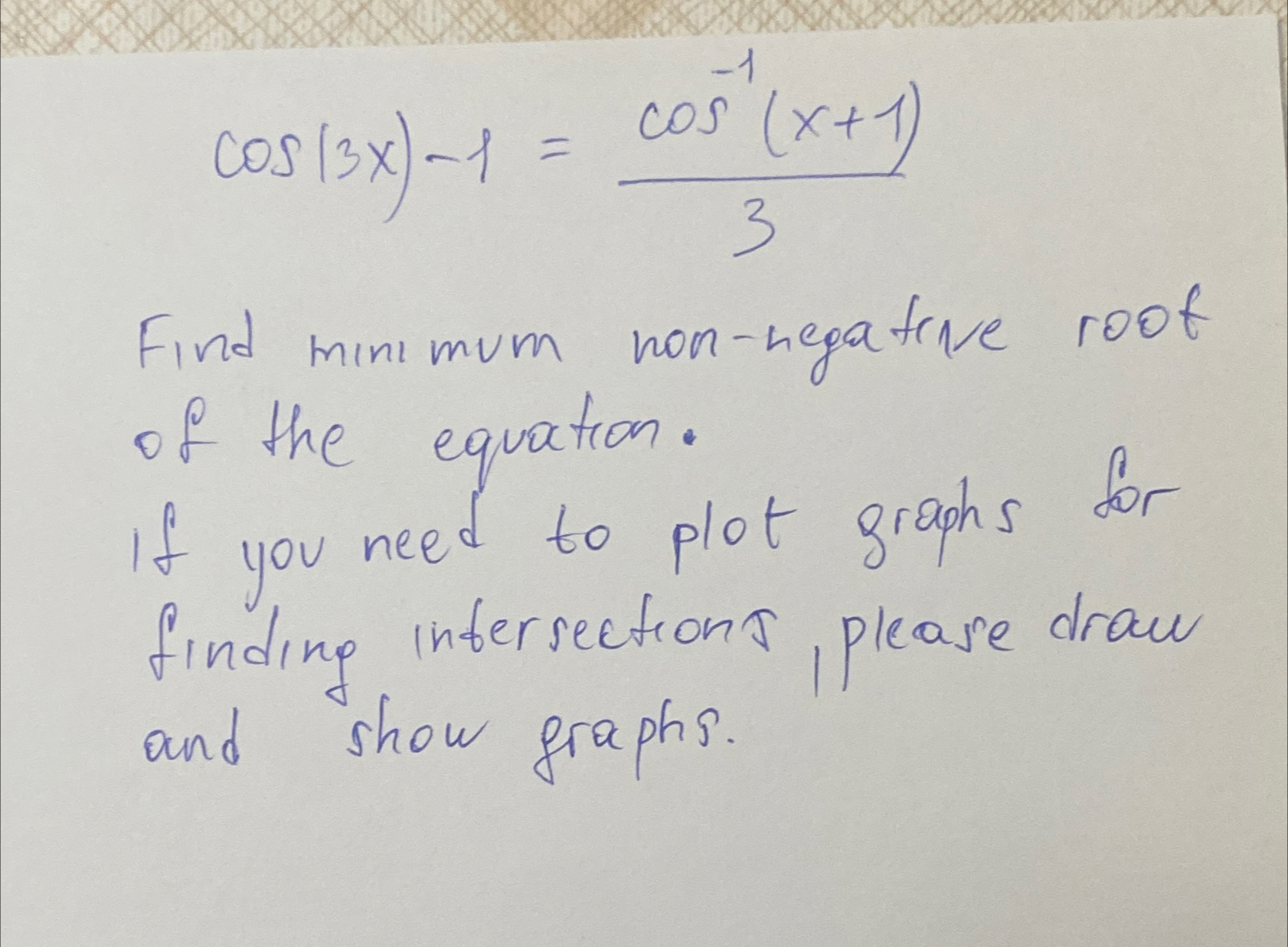Solved cos(3x)-1=cos-1(x+1)3Find minimum non-negative root | Chegg.com
