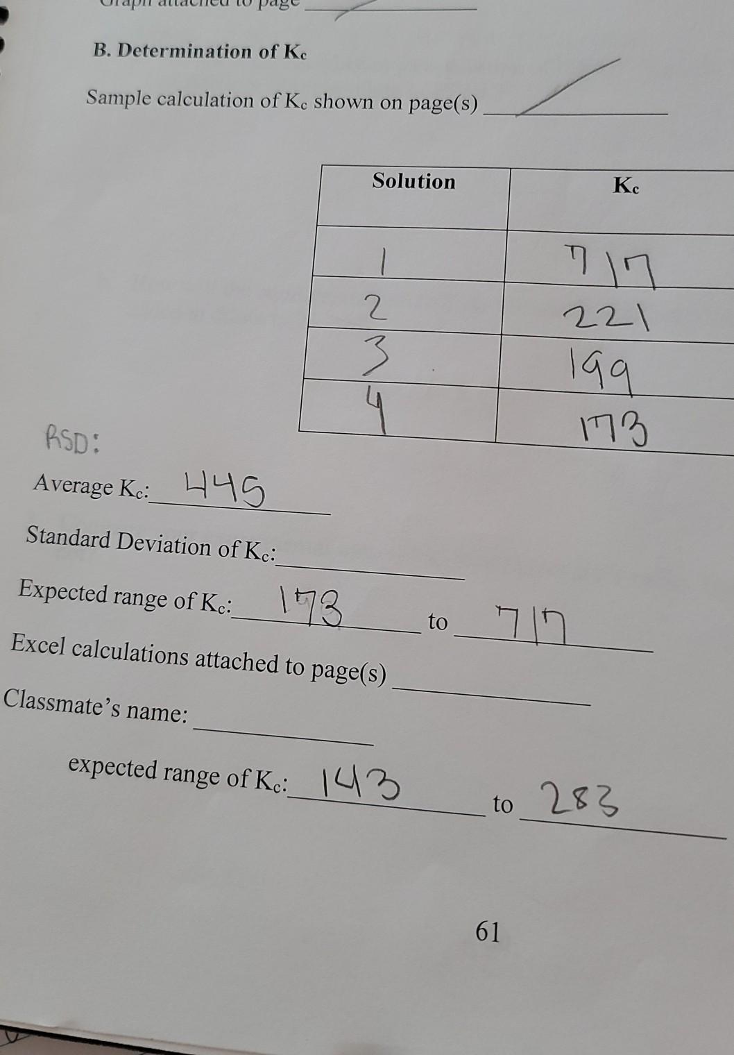 Solved B. Determination of Kc Sample calculation of Kc shown | Chegg.com