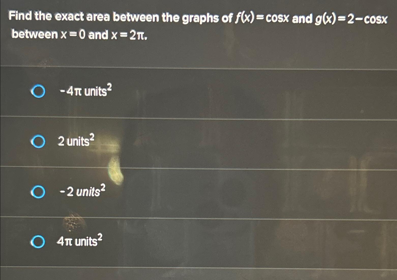 Solved Find the exact area between the graphs of f(x)=cosx | Chegg.com