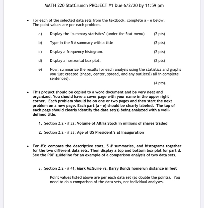 MATH 220 StatCrunch PROJECT #1 Due 6/2/20 by 11:59 pm | Chegg.com
