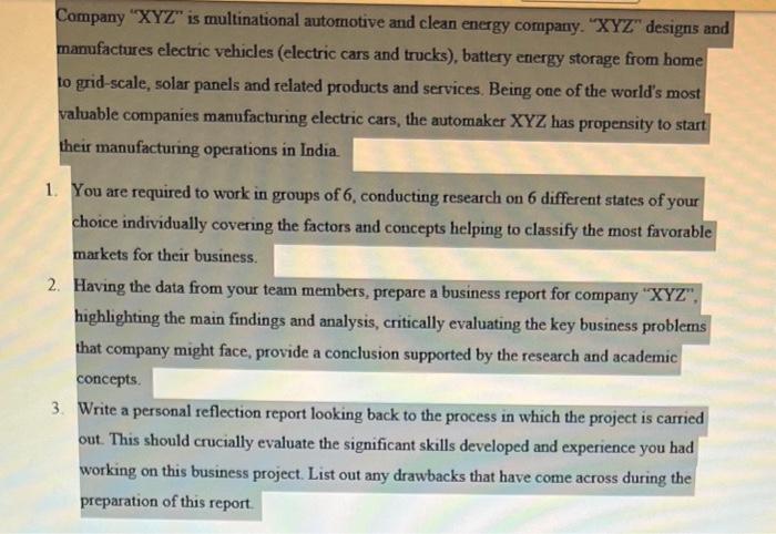 Solved Company " XYZ " is multinational automotive and clean | Chegg.com