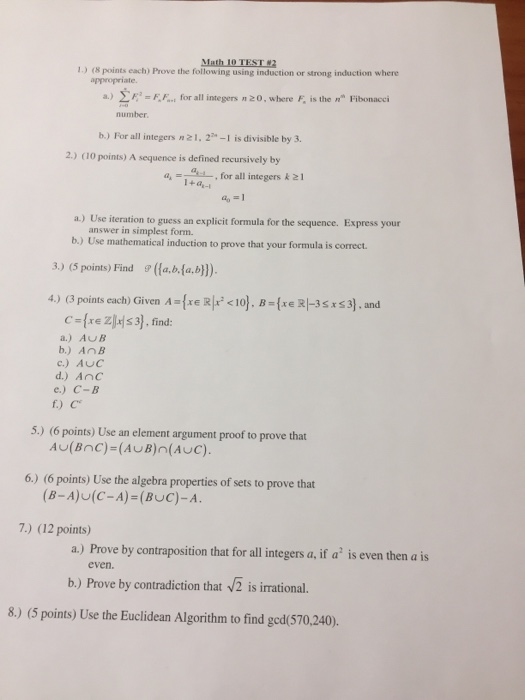 Solved Math 10 TEST #2 1.) (8 points each) Prove the | Chegg.com