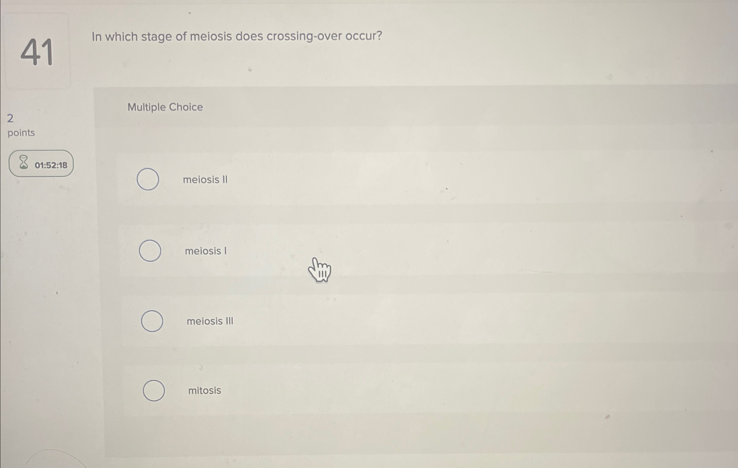 Solved 41In which stage of meiosis does crossing-over | Chegg.com