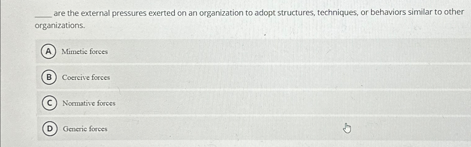 Solved are the external pressures exerted on an organization | Chegg.com