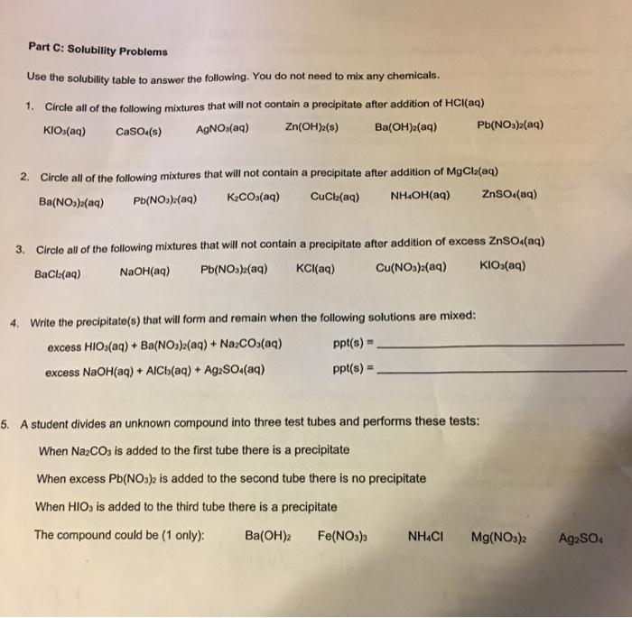Solved Part C: Solubility Problems Use the solubility table | Chegg.com