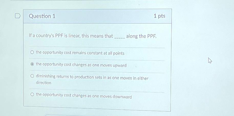 Solved Question 11 ﻿ptsIf a country's PPF is linear, this | Chegg.com