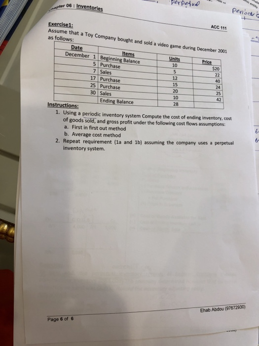 Solved Perpetual periodic pter 06: Inventories Exercise1: | Chegg.com