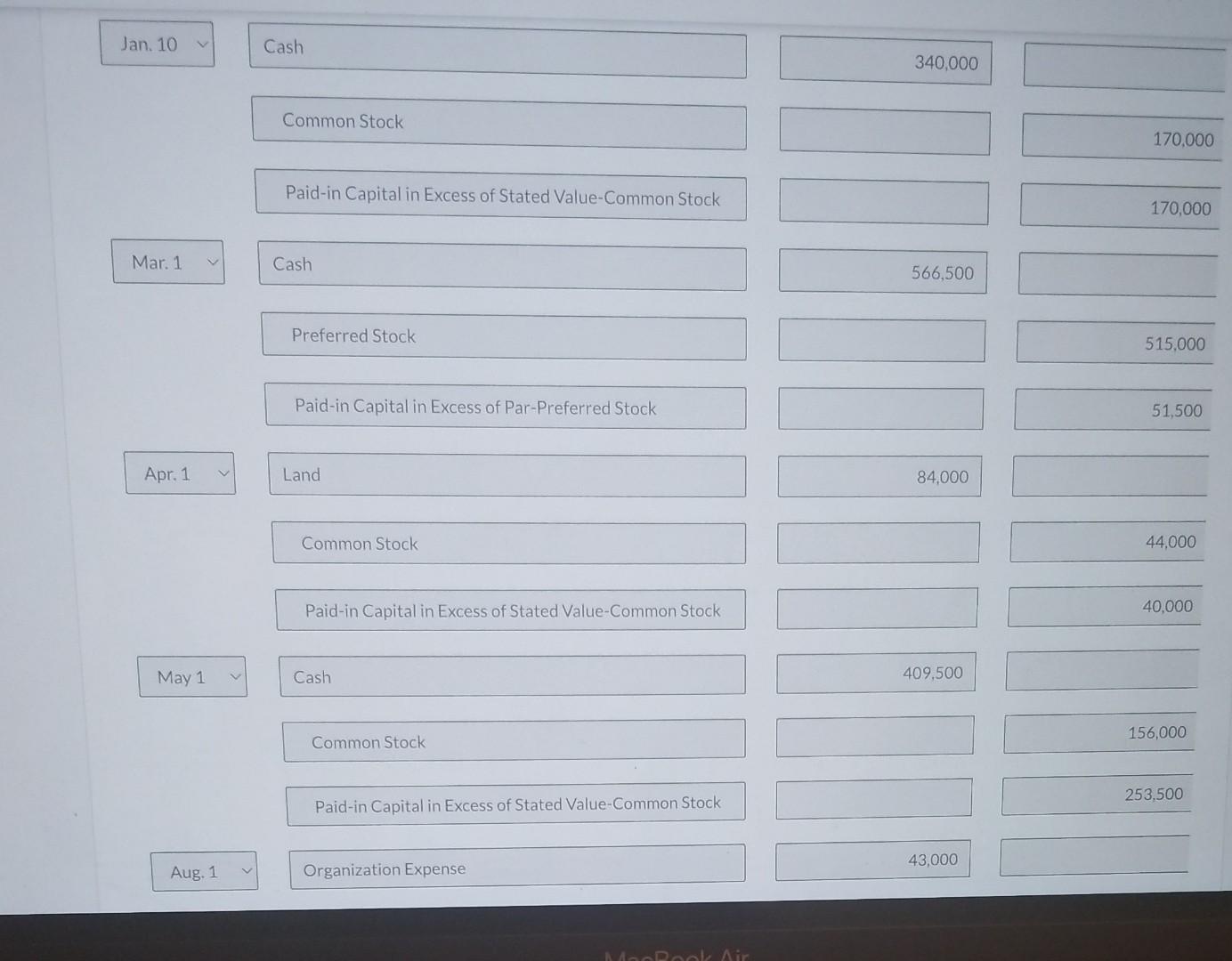 Solved Jan. 10 Mar. 1 Apr. 1 May 1 Aug. 1 Cash Common Stock | Chegg.com