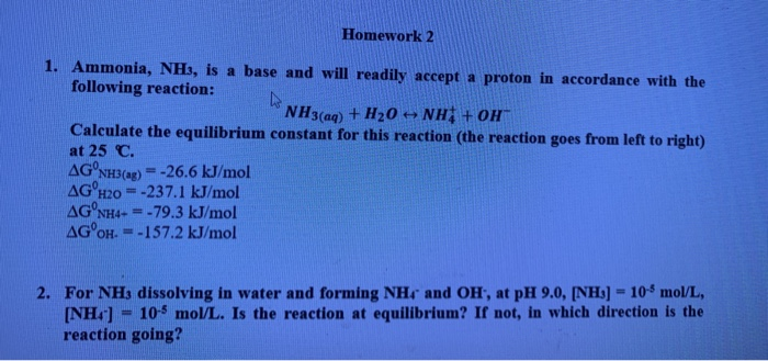 Solved Homework 2 1. Ammonia, NH3, is a base and will | Chegg.com