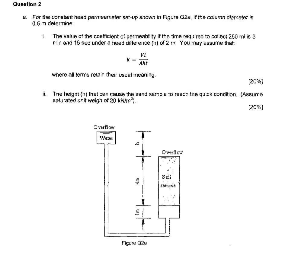 Solved Question 2 a. For the constant head permeameter | Chegg.com
