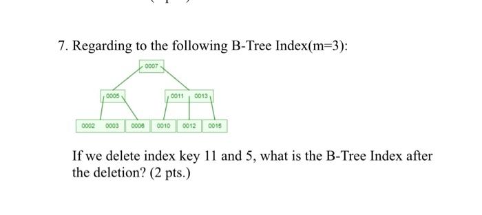 Solved 7. Regarding to the following B− Tree Index (m=3) : | Chegg.com