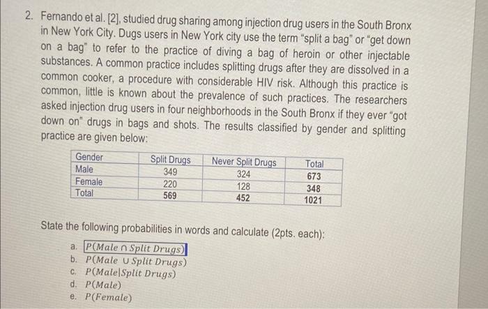 Solved 2. Fernando et al. [2], studied drug sharing among | Chegg.com