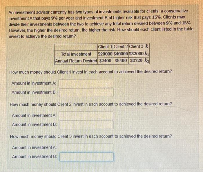 Solved An investment advisor currently has two types of | Chegg.com