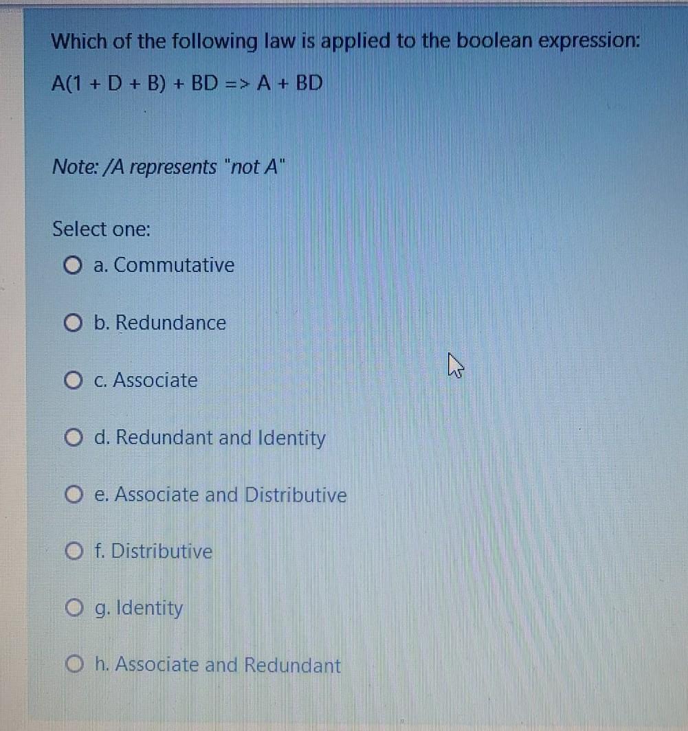 Solved Which of the following law is applied to the boolean | Chegg.com
