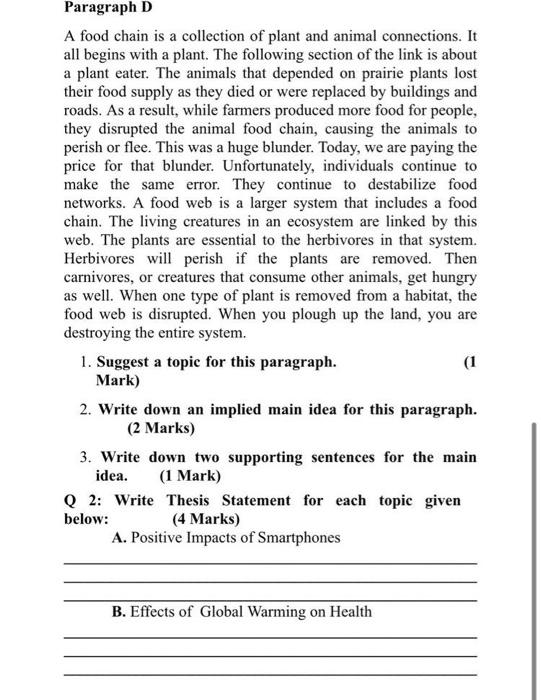 Solved Paragraph D A food chain is a collection of plant and | Chegg.com