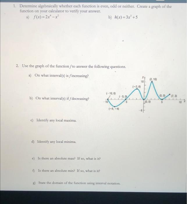 Solved 1. Determine algebraically whether each function is | Chegg.com