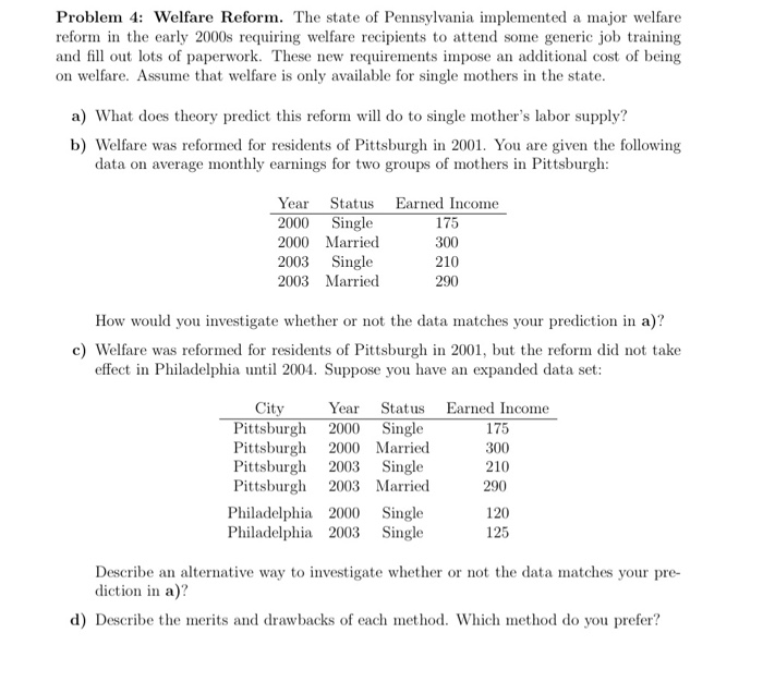 Solved Problem 4: Welfare Reform. The state of Pennsylvania | Chegg.com