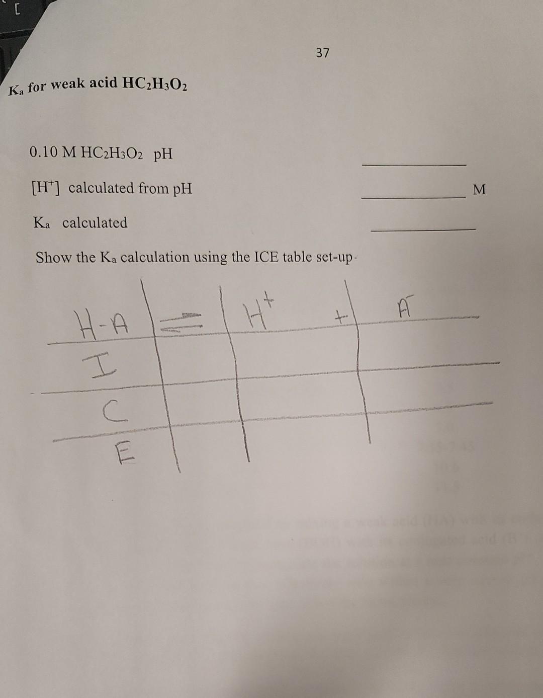Solved [ 37 K, for weak acid HC2H302 0.10 M HC2H3O2 pH [H*] | Chegg.com