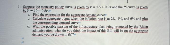 Solved 1. Suppose the monetary policy curve is given by r = | Chegg.com