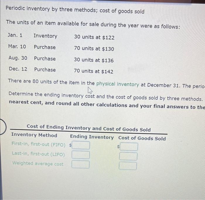Solved Periodic inventory by three methods; cost of goods | Chegg.com