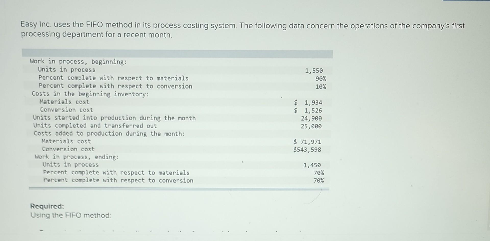 Solved Easy Inc. uses the FIFO method in its process costing | Chegg.com