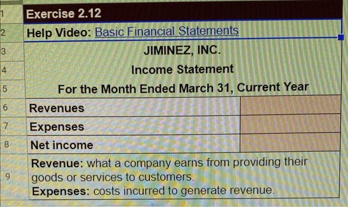 Solved EXERCISE 2.12 Income Statement LO2-5 Jiminez, Inc., | Chegg.com