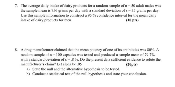 Solved 7. The average daily intake of dairy products for a | Chegg.com
