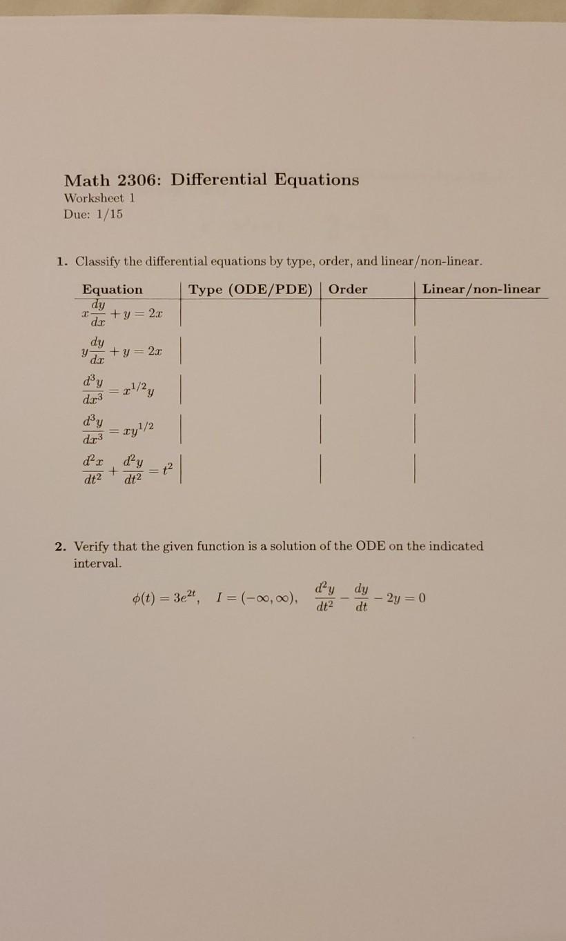 Solved Math 2306: Differential Equations Worksheet 1 Due: | Chegg.com