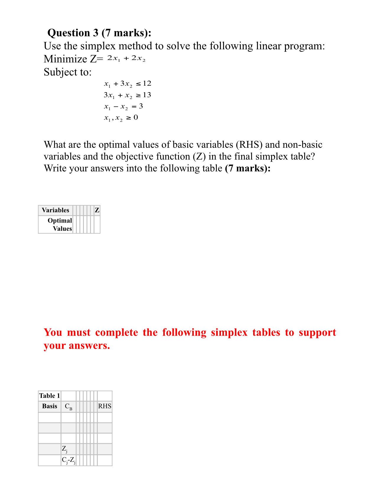 Solved Question 3 (7 ﻿marks):Use the simplex method to solve | Chegg.com