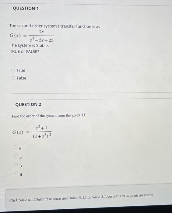 Solved The second-order system's transfer function is as | Chegg.com
