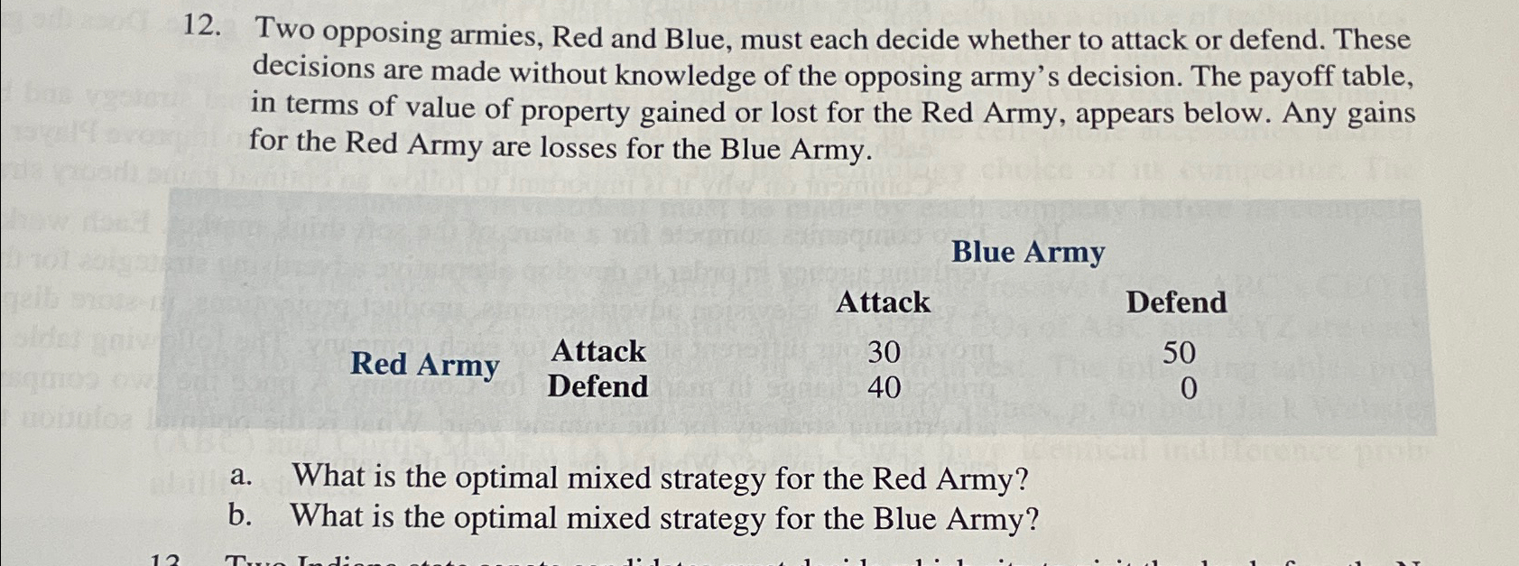 Solved Two opposing armies, Red and Blue, must each decide | Chegg.com