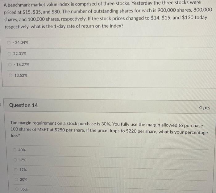 Solved A benchmark market value index is comprised of three | Chegg.com
