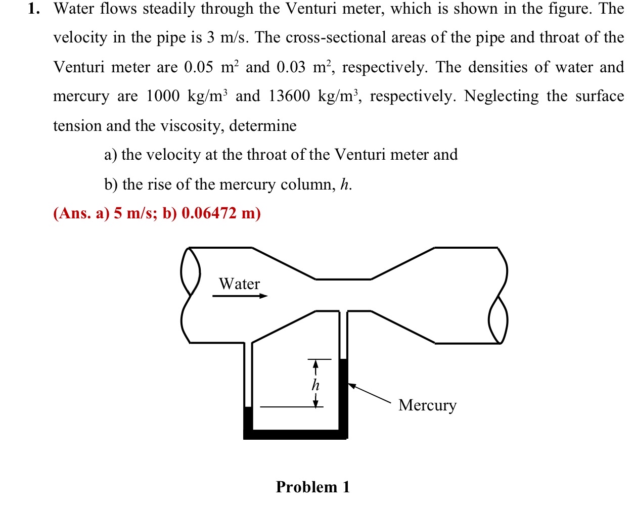 Solved Water flows steadily through the Venturi meter, which | Chegg.com