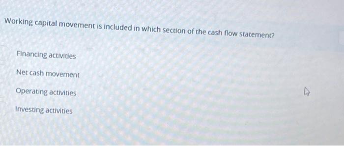Solved Working capital movement is included in which section | Chegg.com
