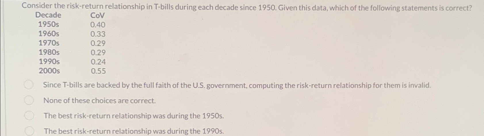 Solved Consider the risk-return relationship in T-bills | Chegg.com