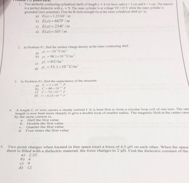 Solved 1. Two perfectly conducting cylindrical shells of | Chegg.com