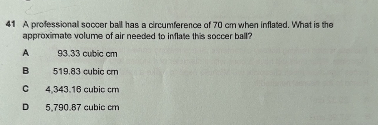 Solved 41 ﻿A professional soccer ball has a circumference of | Chegg.com