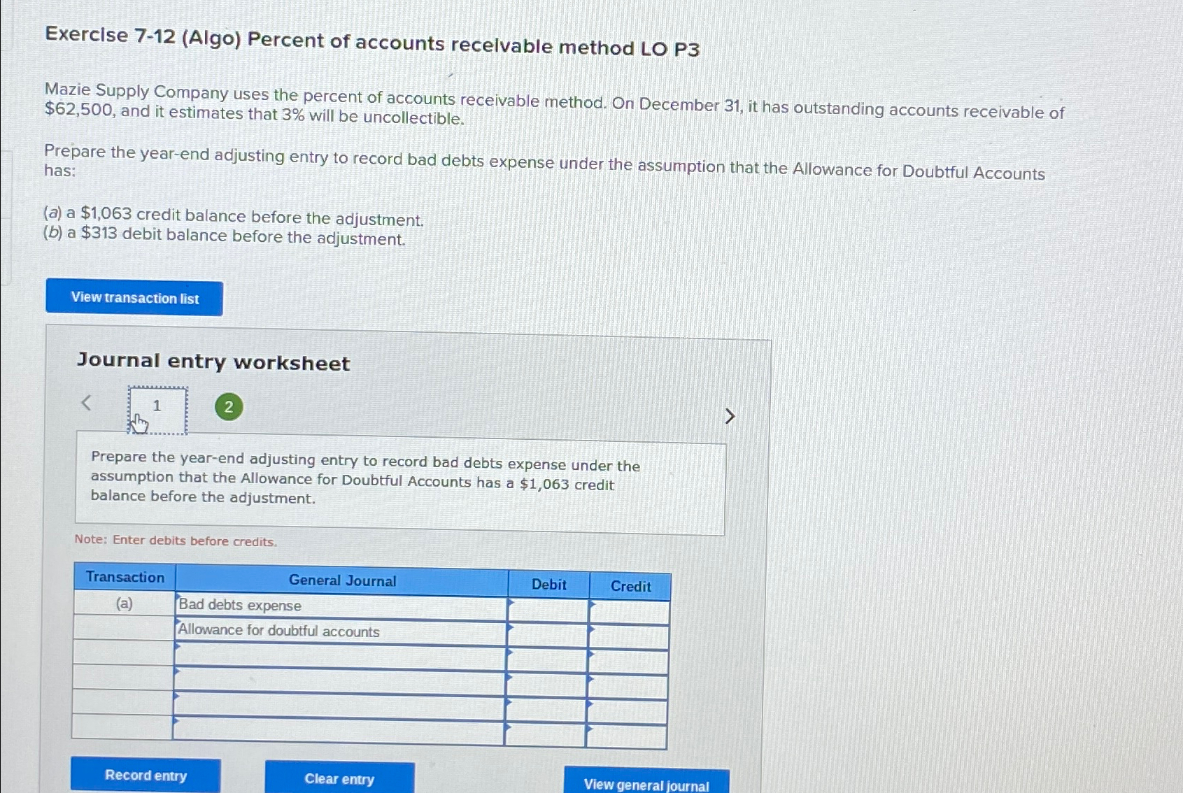 Solved Exercise 7-12 (Algo) ﻿Percent of accounts recelvable | Chegg.com