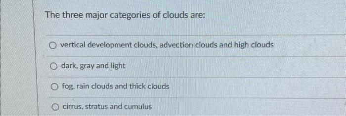 Solved The three major categories of clouds are: vertical | Chegg.com