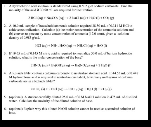 Solved 1. A hydrochloric acid solution is standardized using | Chegg.com