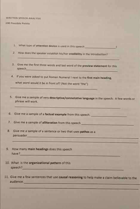 WRITTEN SPEECH ANALYSIS 100 Possible Points 1. What | Chegg.com