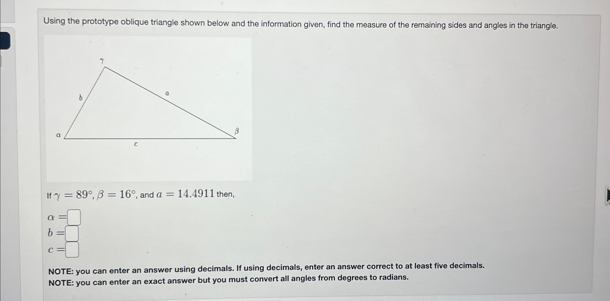 Solved Using the prototype oblique triangle shown below and | Chegg.com