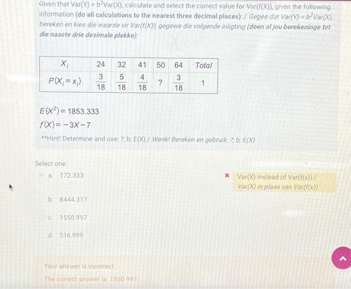 Solved Given that Var(Y) = b²Var(X), calculate and select | Chegg.com