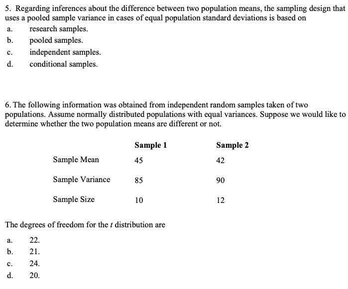 Solved 5. Regarding inferences about the difference between | Chegg.com