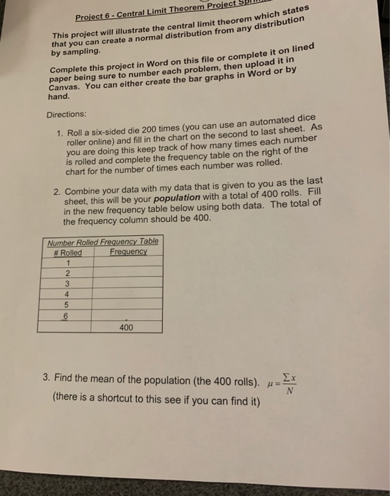 Solved Project 6 - Central Limit Theorem Project Spw This | Chegg.com