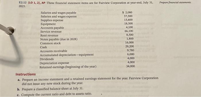 Solved E2.12 (LO 1, 2), AP These financial statement items | Chegg.com