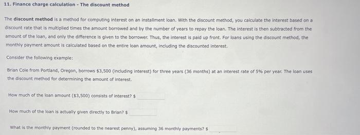 Solved 11. Finance charge calculation - The discount method | Chegg.com