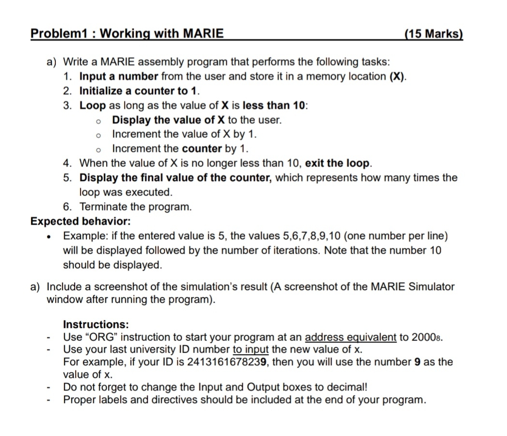 Solved Problem1: Working with MARIE(15 ﻿Marks)a) ﻿Write a | Chegg.com