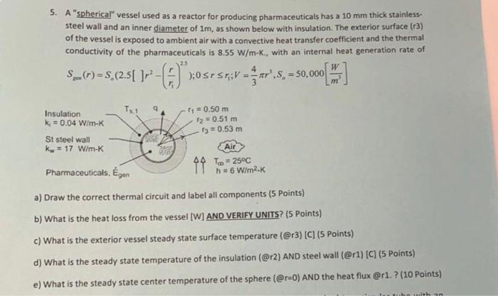 Solved 5. A "spherical" vessel used as a reactor for | Chegg.com