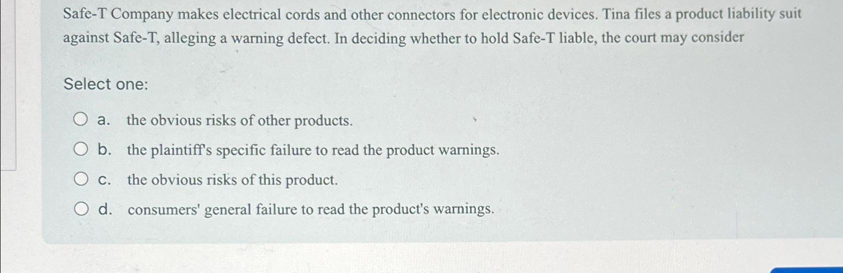 Solved Safe-T Company makes electrical cords and other | Chegg.com